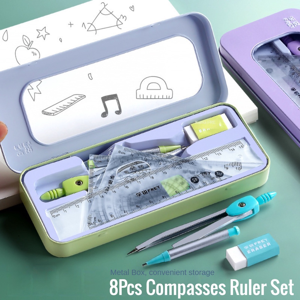 8Pcs Drawing Compass Ruler Kit Math Tool Student School Stationery ...