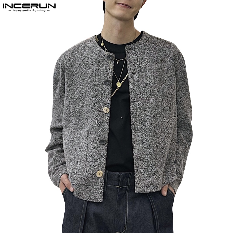 INCERUN men's retro round neck casual black and gray button style long ...