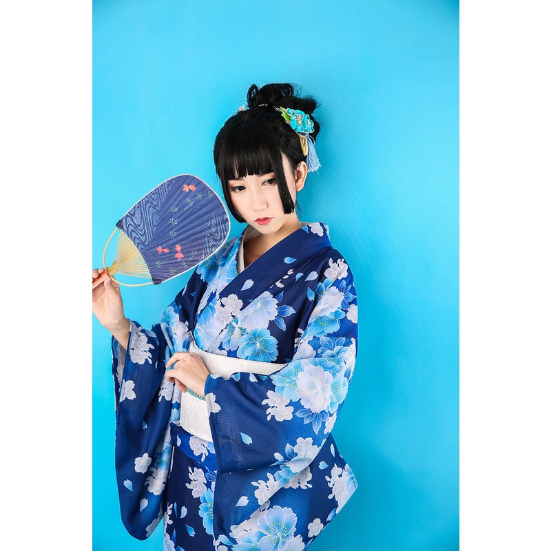 [Japanese Kimono Yukata] Female Blue Camellia Improved Kimono Formal ...