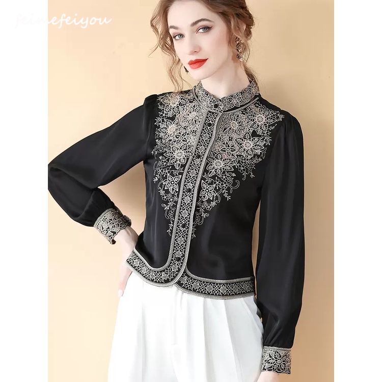 Women embroidered Blouse Chinese hollow top blouse court plus size ...