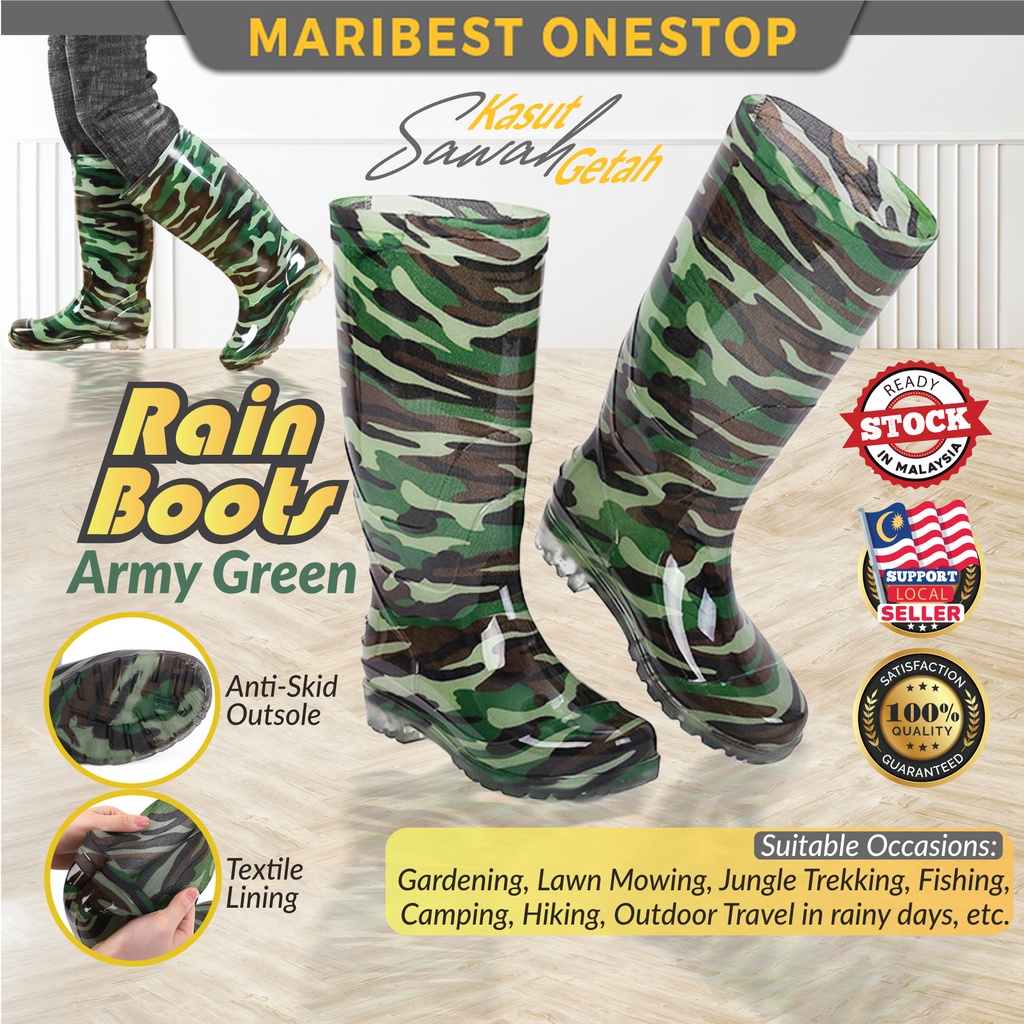 Long Camouflage Rain Boots Army Green Waterproof Rain Shoes Kasut Getah ...