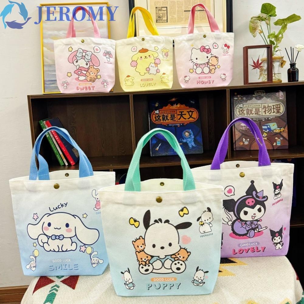 JEROMY Cartoon Kuromi Canvas Handbag, Bow Print Kitty Tote Bag ...