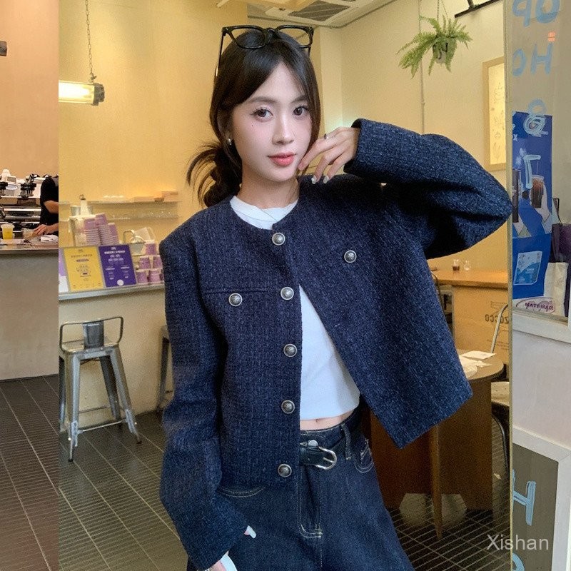 2024 Musim Gugur Musim Sejuk Wanita Jaket Fesyen Korea Pendek Biru ...