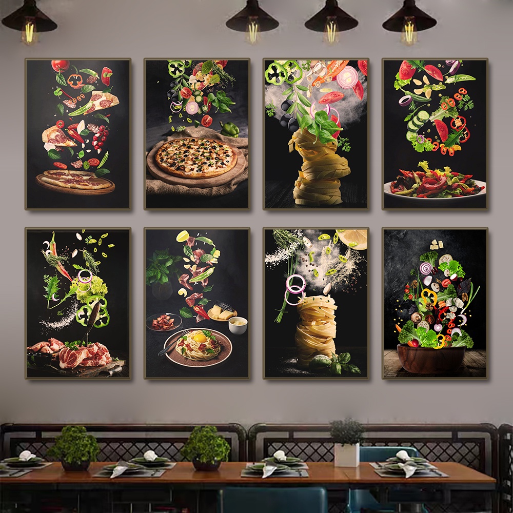 Restaurant kitchen poster, pizza image, steak, salad, hamburger ...