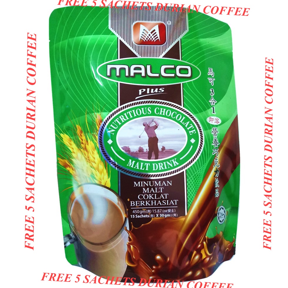 Malco DurianLO 30gm x 15 sachets Chocolate Malt Drinks + 5 Sachets Musang King Durian Flavored ...
