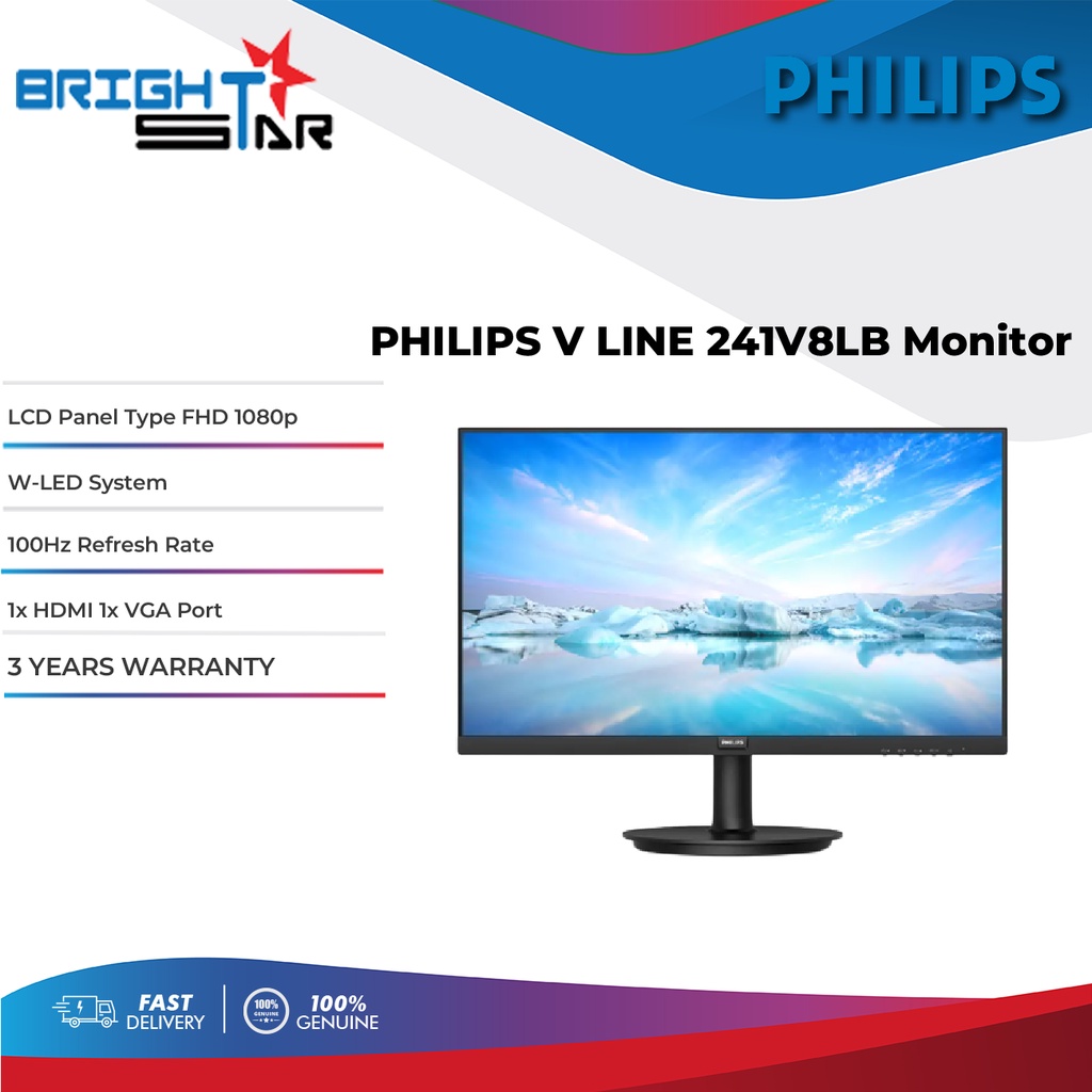 PHILIPS 241V8LB V LINE LCD MONITOR (23.8"/FHD/VA/100HZ/HDMI/VGA ...