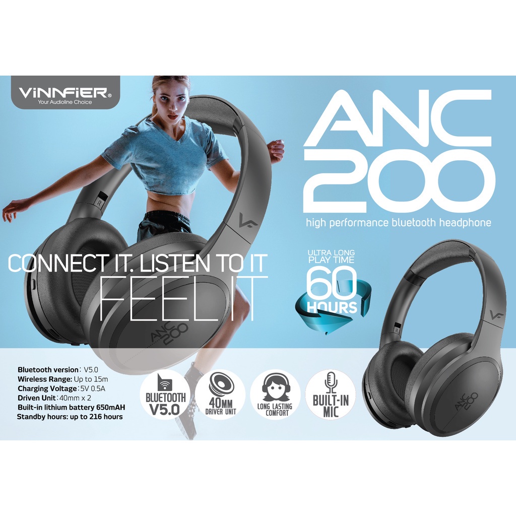 Vinnfier ANC 200 Noise Cancelling High Performance Bluetooth Headphones ...