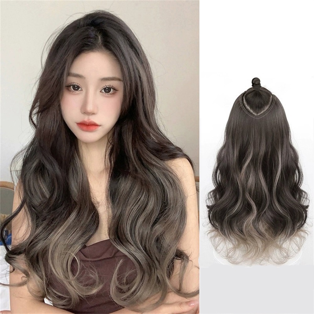 Highlighted Aoki Gray Fluffy Long Curly Seamless Wig Natural One Piece ...