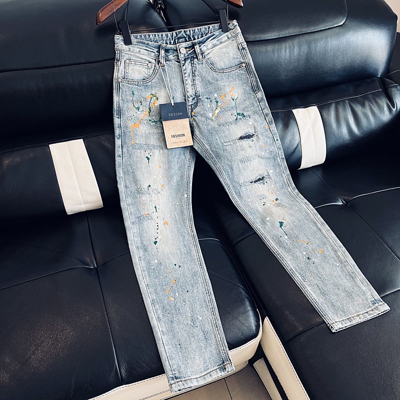 Color Men's Jeans Splash-Ink Ripped Versatile Jeans | Shopee Malaysia