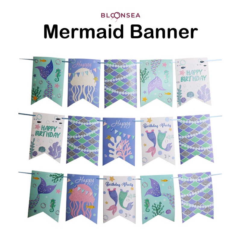 Happy Birthday Mermaid Banner Ocean Underwater Flags Bunting Party ...