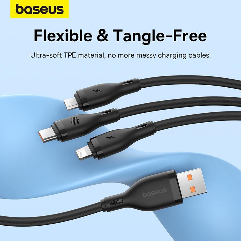 Baseus 100W 3 in 1 USB Cable For Huawei Xiaomi Fast Charging Cable Soft ...