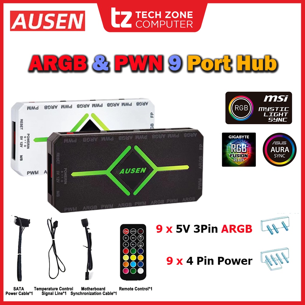 Ausen ARGB Fan & PWN 9 Ports Hubs with remote control ( 5V 3 Pin ARGB ...