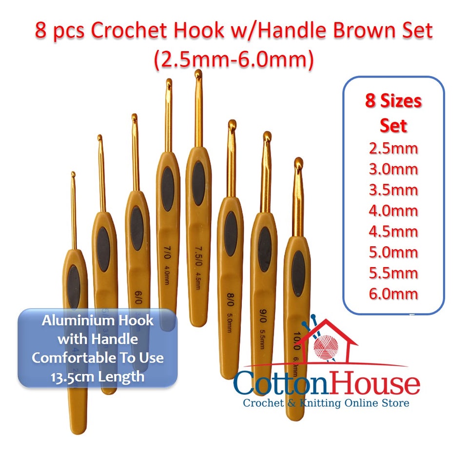 8 pcs Crochet Hook w/Handle Brown Set 2.5mm-6.0mm Lace 1.0mm-2.75mm ...