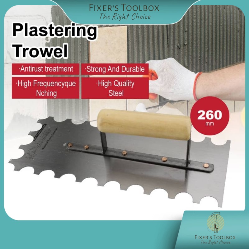 PLASTERING STEEL TROWEL WITH WOOD HANDLE ROUND SQUARE TEETH NOTCHED FOR ...