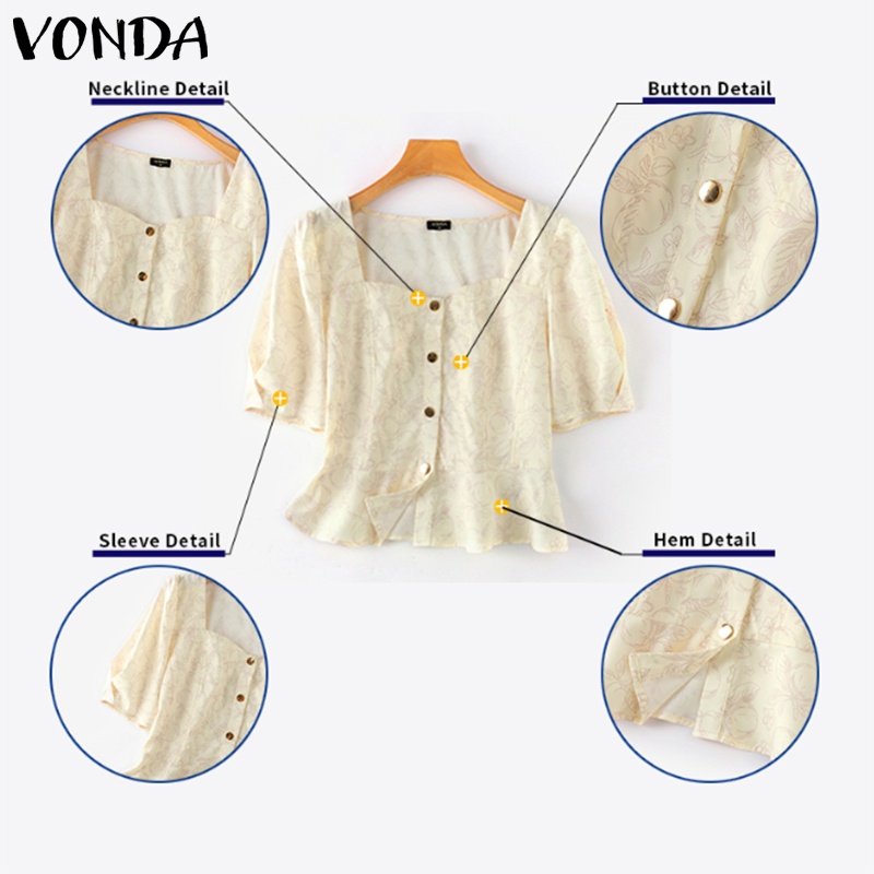 VONDA Women Korean Square Collar False Front Puffed Sleeve Cuff Crease Texture Print Shirts ...