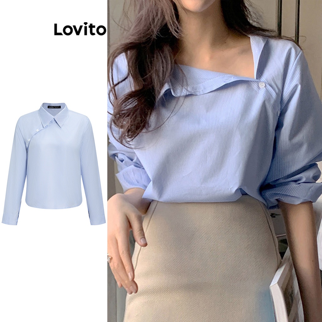 Lovito Casual Striped Asymmetrical Button Blouses for Women L68ED002 (Light Blue) Lovito Blus ...