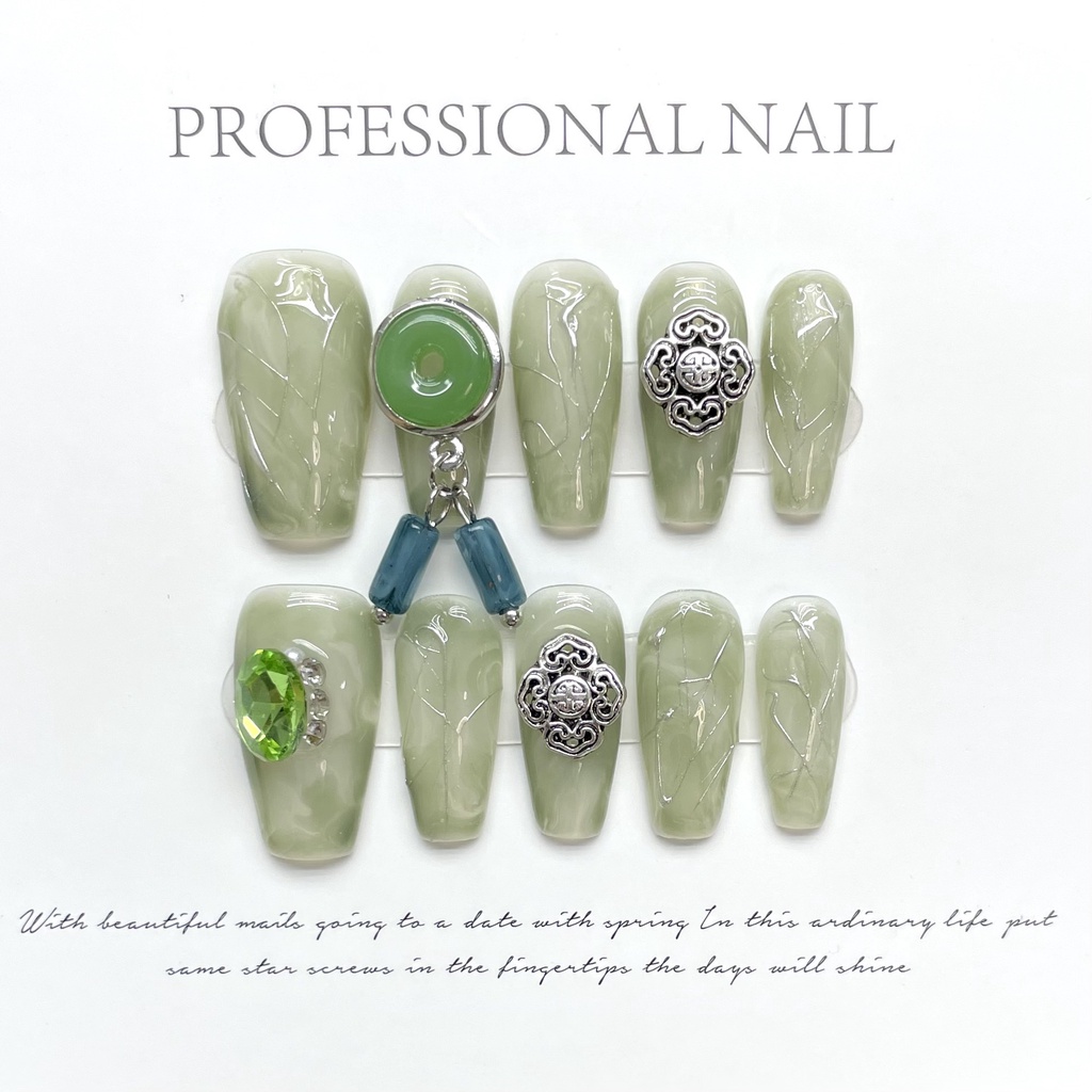 【HANDMADE】Artificial Nail Chinese Antique Style Molten Silver Jade ...