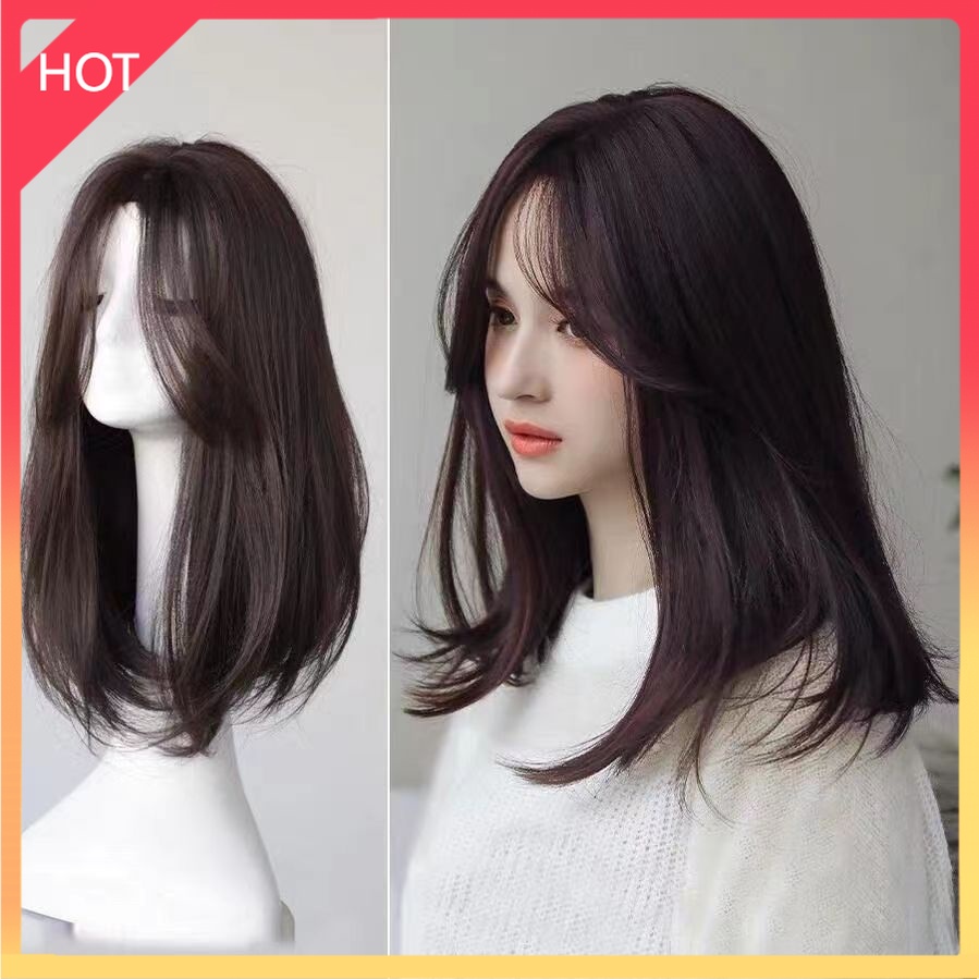 Women's wigs rambut palsu Long hair with bangs in the middle Inner ...