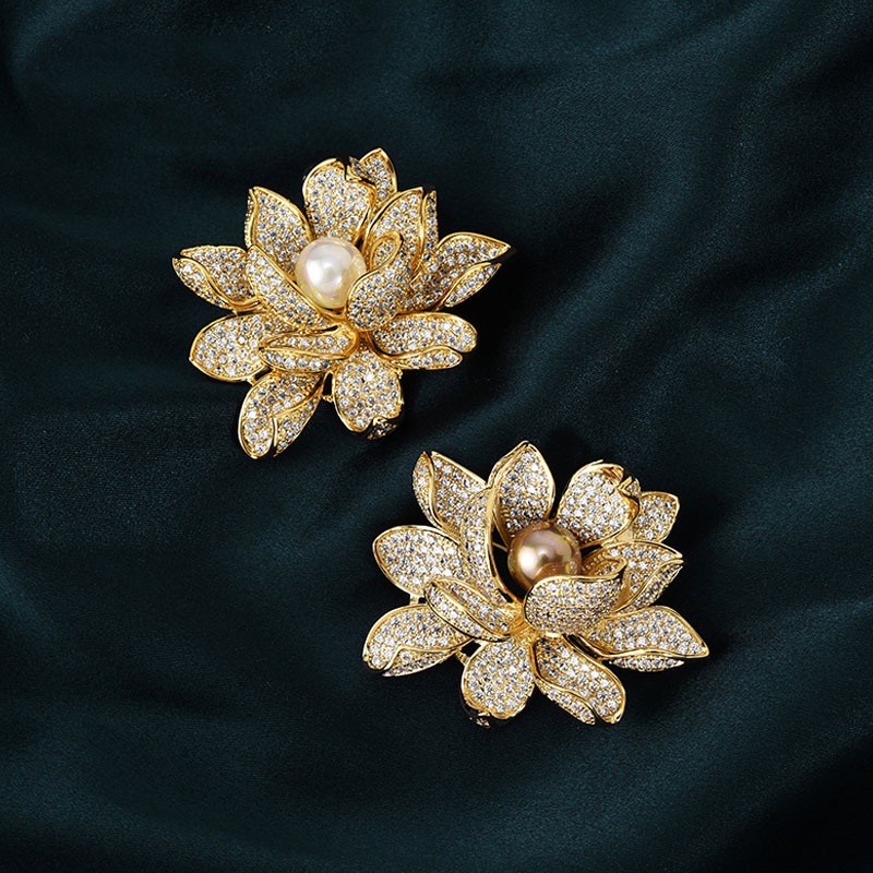 Lotus Flower Brooch Pin Luxury Rhinestone Faux Pearl Corsage Lapel Pin ...