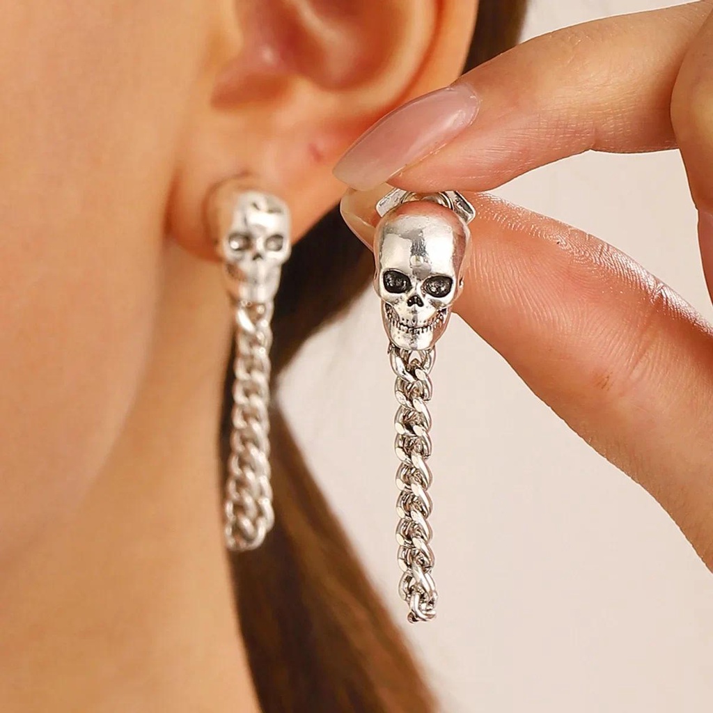 READY STOCK Vintage Skull Head Chain Earrings for Women Girls Retro ...