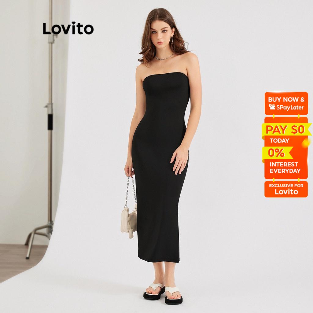(Ready Stock) Lovito Casual Plain Split Plain Cold Shoulder Bodycon ...