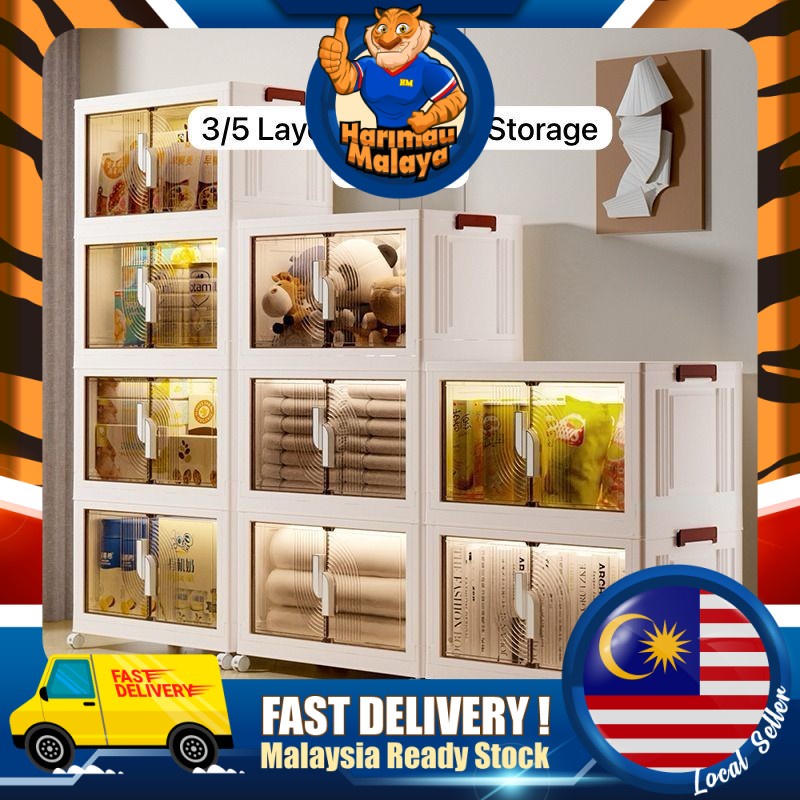 HM 3/5 Layers Foldable Storage Cabinet 2 Doors Storage Box Multipurpose ...