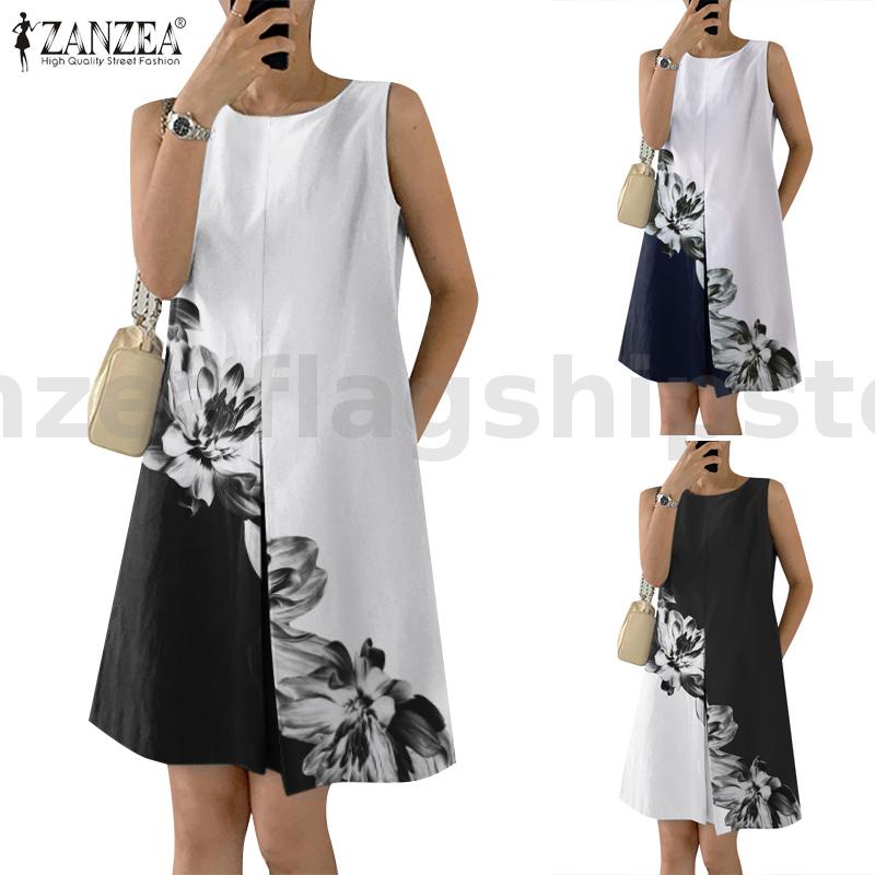 Zanzea Women Korean Straight Casual Printed Round Neck Sleeveless Back