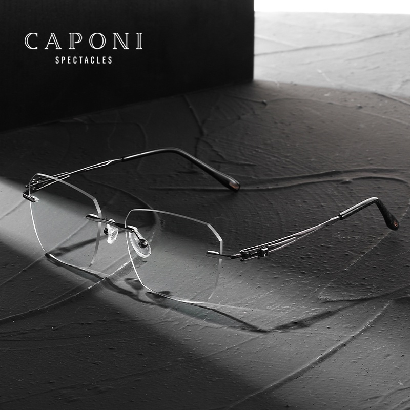 CAPONI 100% Titanium Men's Glasses Frame Rimless Ultra Light Style Anti ...