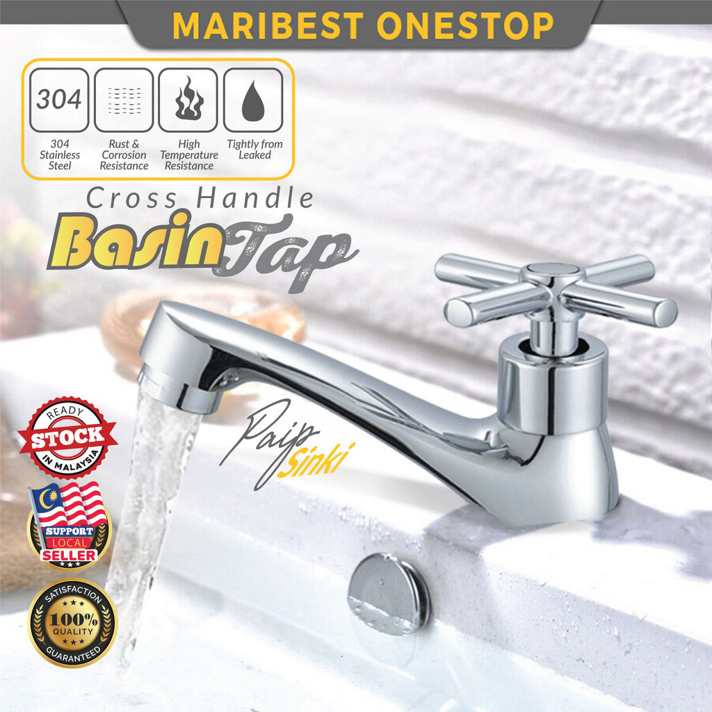 Cross Handle Basin Tap Stainless Steel Bathroom Kitchen Sink Water Head ...