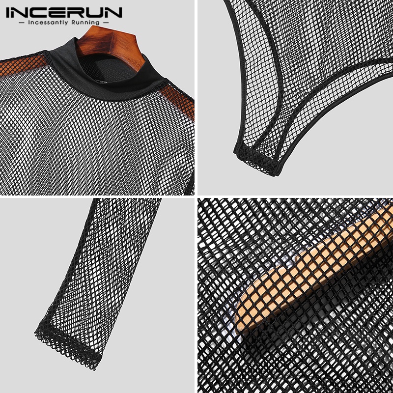 INCERUN Men Fashion Half High Neck Mesh Hole Long Sleeve Bodysuits ...