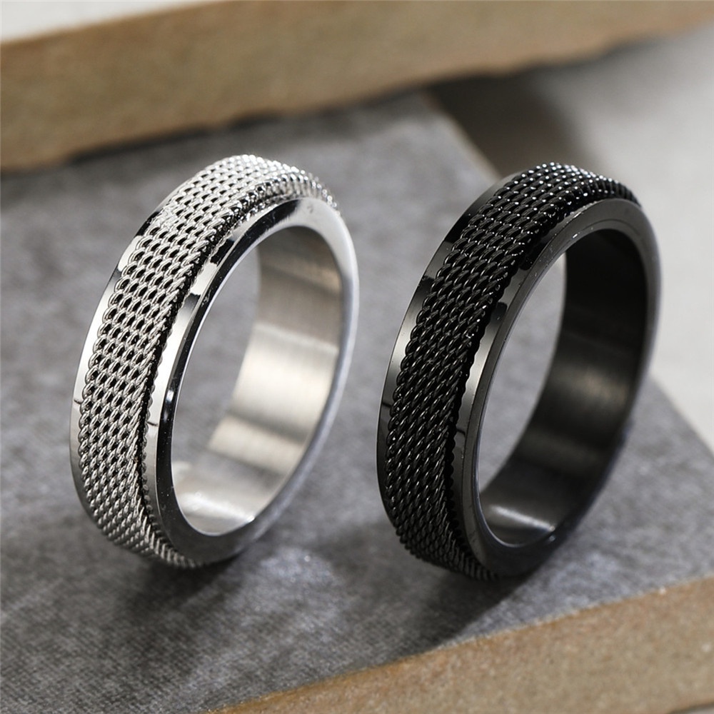 Simple Men Ring Silver Black Titanium Steel Grid Biker Finger Rings ...