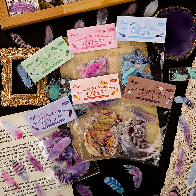 40 Pcs Colorful Feather Stickers Scrapbook Deco DIY Transparent PVC ...