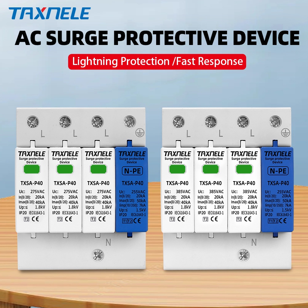 AC SPD Lightning Arrester 3P+NPE 40KA 50KA T1 T2 385V 275V 255V House Surge Protector Protective ...