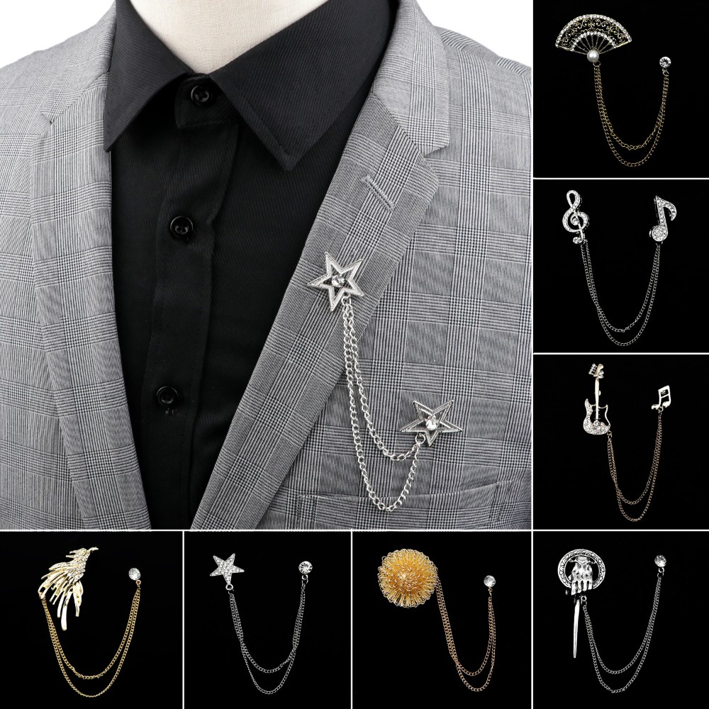 ZONFAZ Men Suit Shirt Collar Tassel Chain Lapel Pin Brooch Guitar Note ...
