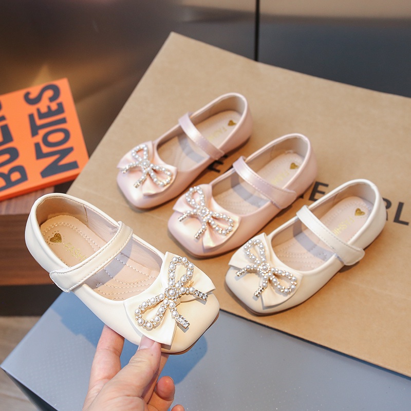 2023 New Girls Moccasin Shoes Pearls Bow Hook & Loop Korean Style Kids Fashion Square-toe Mary ...