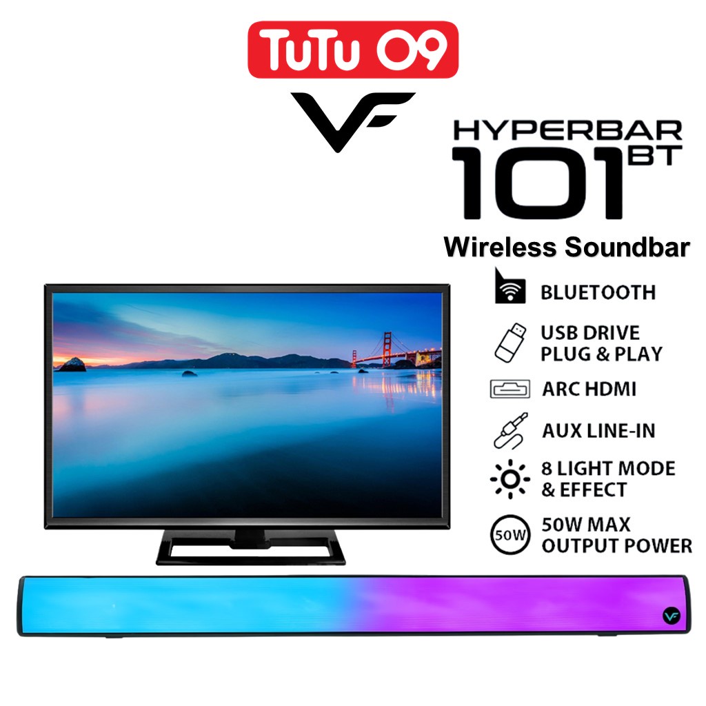 Vinnfier VF Hyperbar 101 Bluetooth Soundbar 50w Home TV 8 LED Light Effect ARC HDMI USB AUX ...