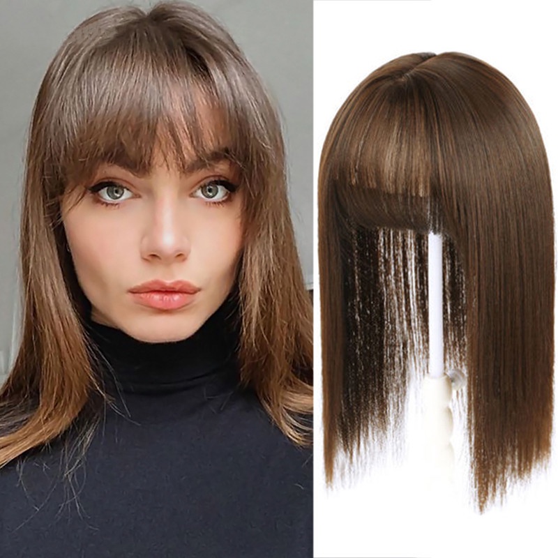 Wig patch for women with long straight hair, air bangs, white hair coverage on the top of the ...