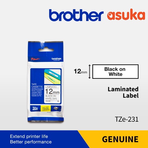 Brother TZE-231 12mm (Black on White) Standard Laminated Tape | Shopee ...
