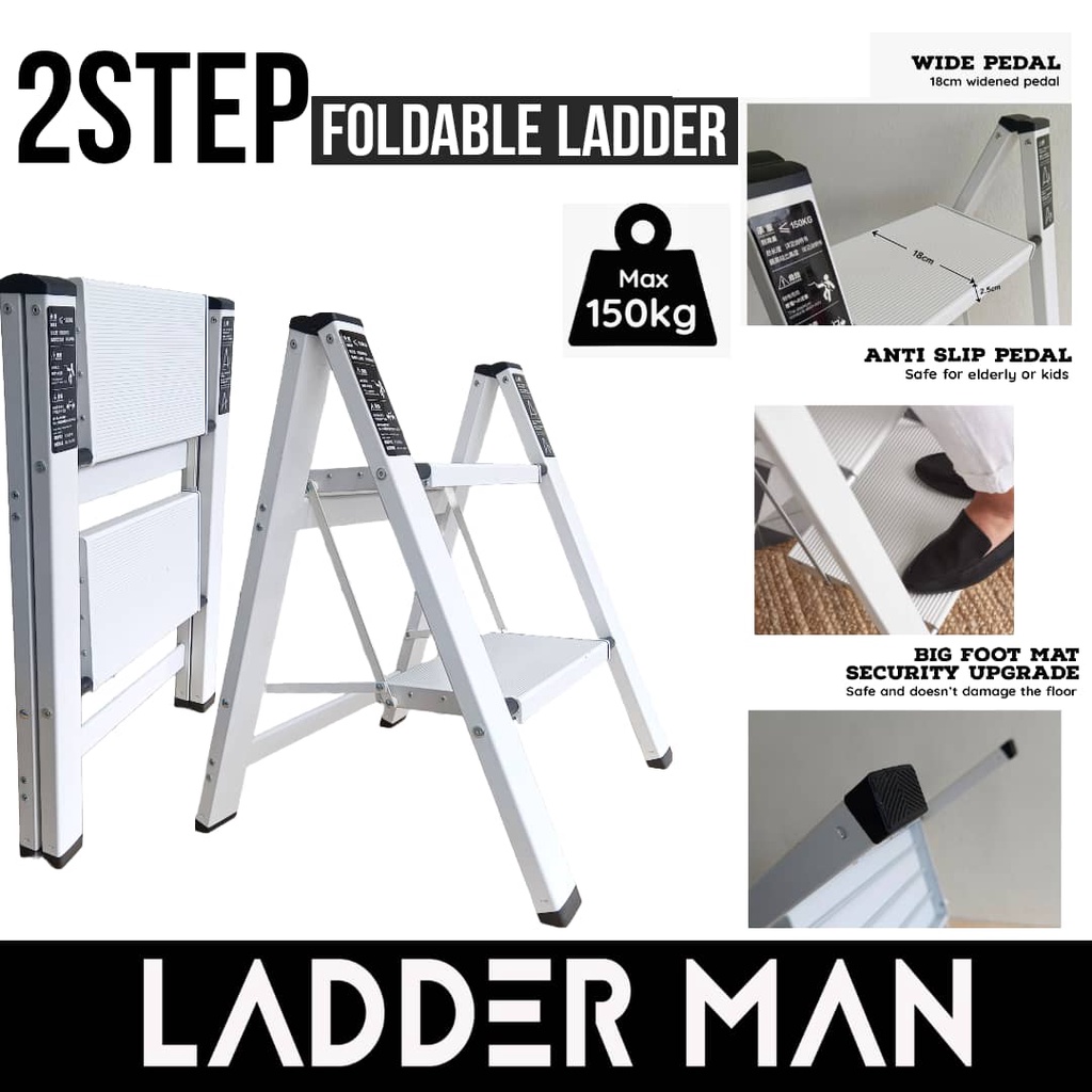 2 Step 150kg Capacity Heavy Duty Foldable Ladder Folding Step Stool ...