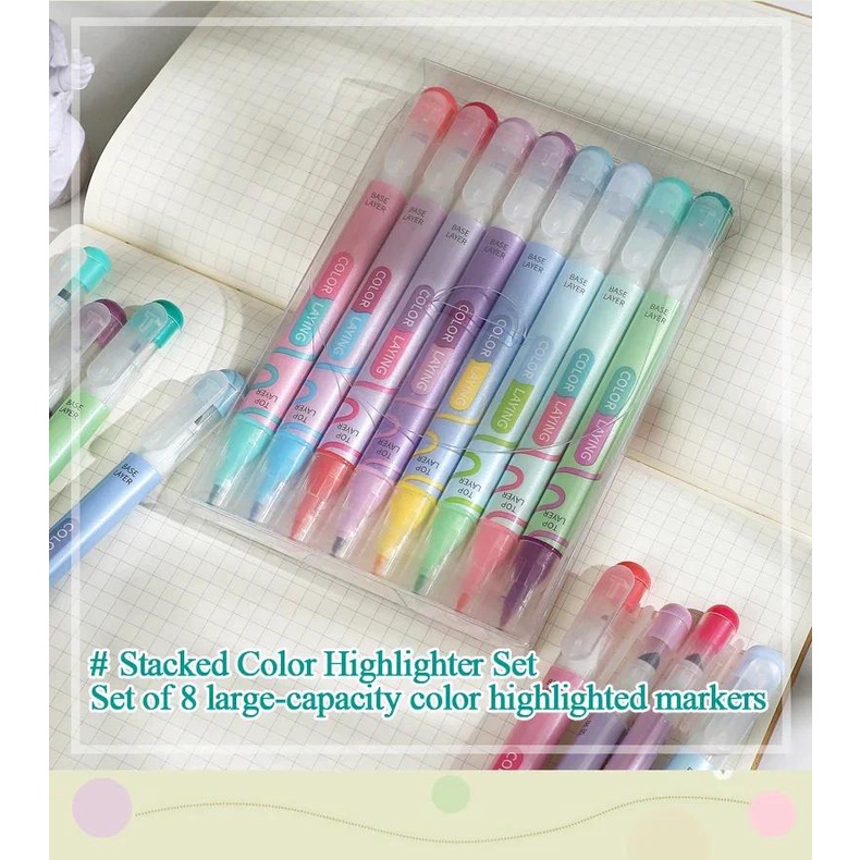 JIANWU 8 Pcs/set Color Stacking Double-ended Highlighter Set Marker Pen ...