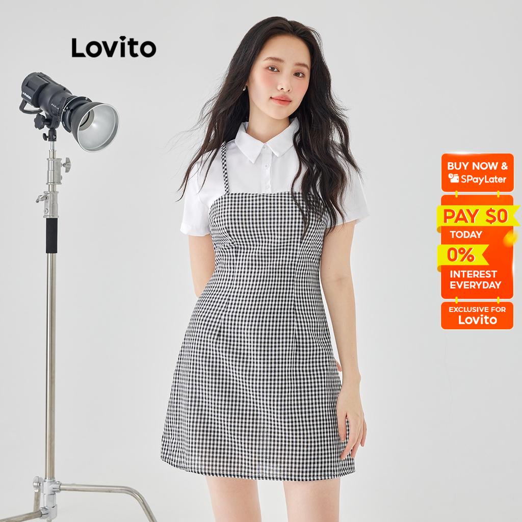 Lovito Casual Plaid Colorblock Side Zip Dress for Women L49AD070 (Black ...