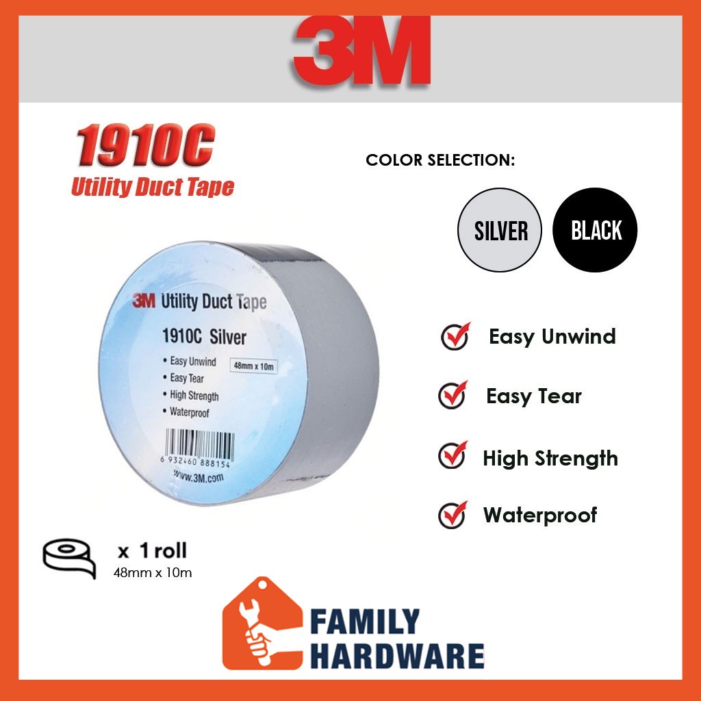 3M™ 48mm x 10m 1910C Utility Value Duct Tape Silver & Black Multi Purpose 3M 胶带 | Shopee Malaysia
