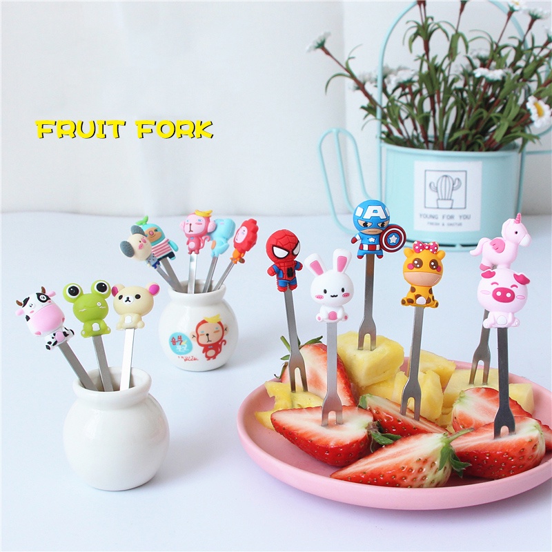 Stainless steel fruit fork cute silicone cartoon fruit fork Mini home ...