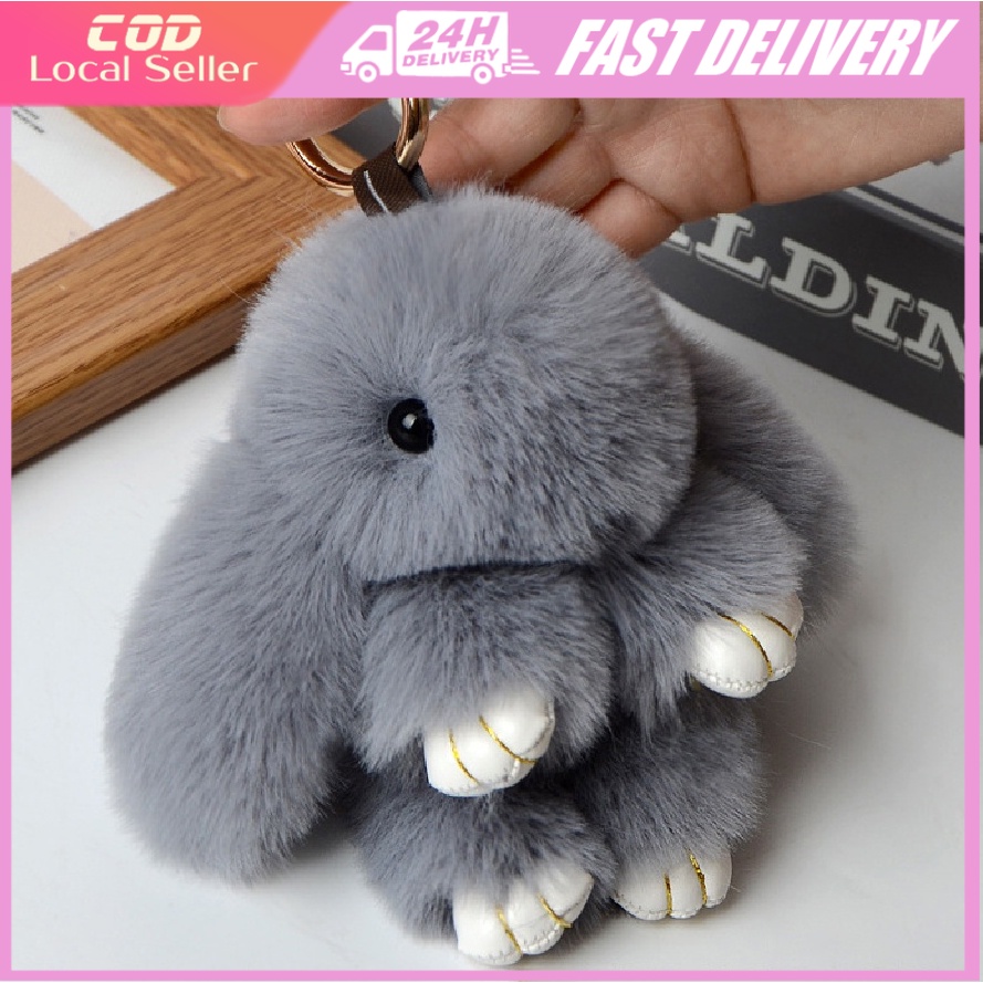 Rabbit Keychain Pendant Fluffy Real Fur Pompon Bunny Trinket Key Chain ...