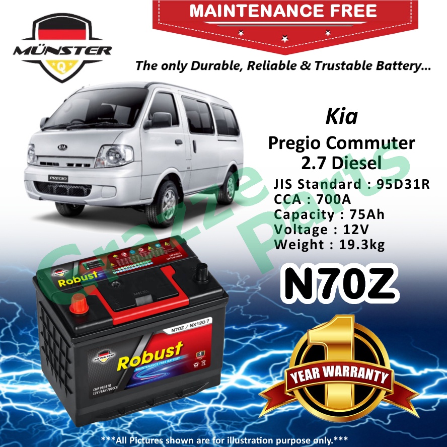 Münster Robust MF CMF N70Z | N70ZR | NX120-7R | 95D31R (75AH) Car Battery Bateri Kereta Kia ...