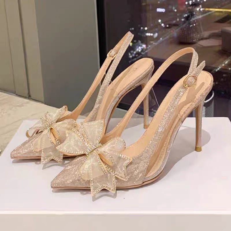 Elegant Champagne High Heels with Butterfly Knot, Rhinestones, Pointed ...