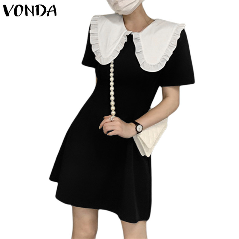 VONDA Women Korean Color Contrast Collar Short Sleeve One-Piece Dresses ...