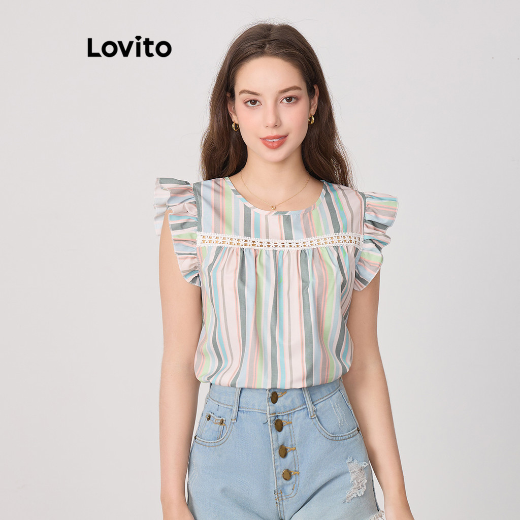 Lovito Boho Striped Contrast Tape Ruffle Blouse for Women L83ED041 ...