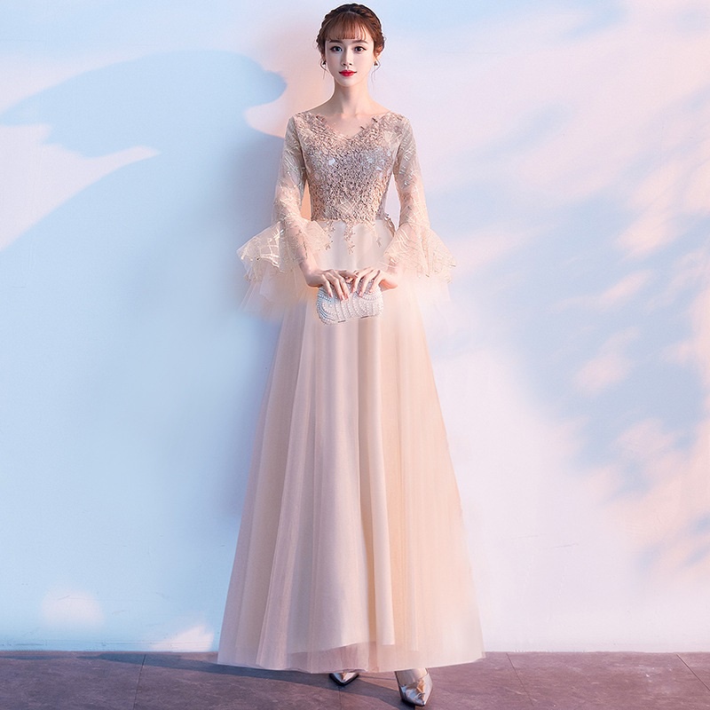Champagne Banquet Evening Dress for Women Long-sleeved V-neck Hollow ...