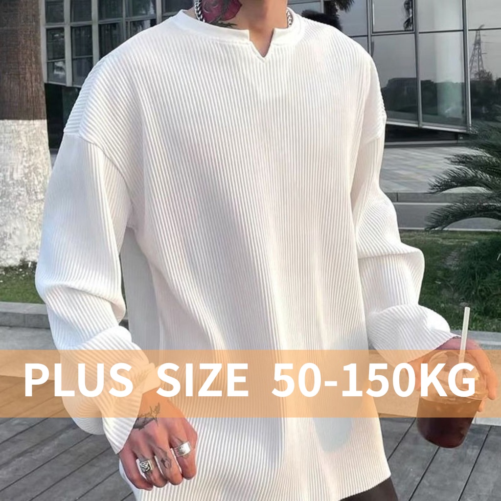 【Plus Size】150KG Men Pleated Striped V-neck Loose Top Long Sleeve Top ...